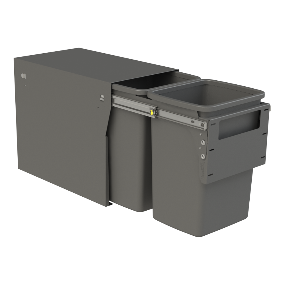 2 x 20L Bucket, Base Mount Door Pull, Cinder - Hideaway Bins