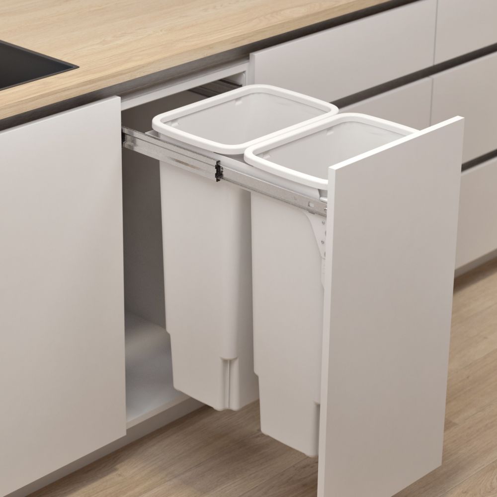 2 x 35L Bucket, Door Pull, White - Hideaway Bins